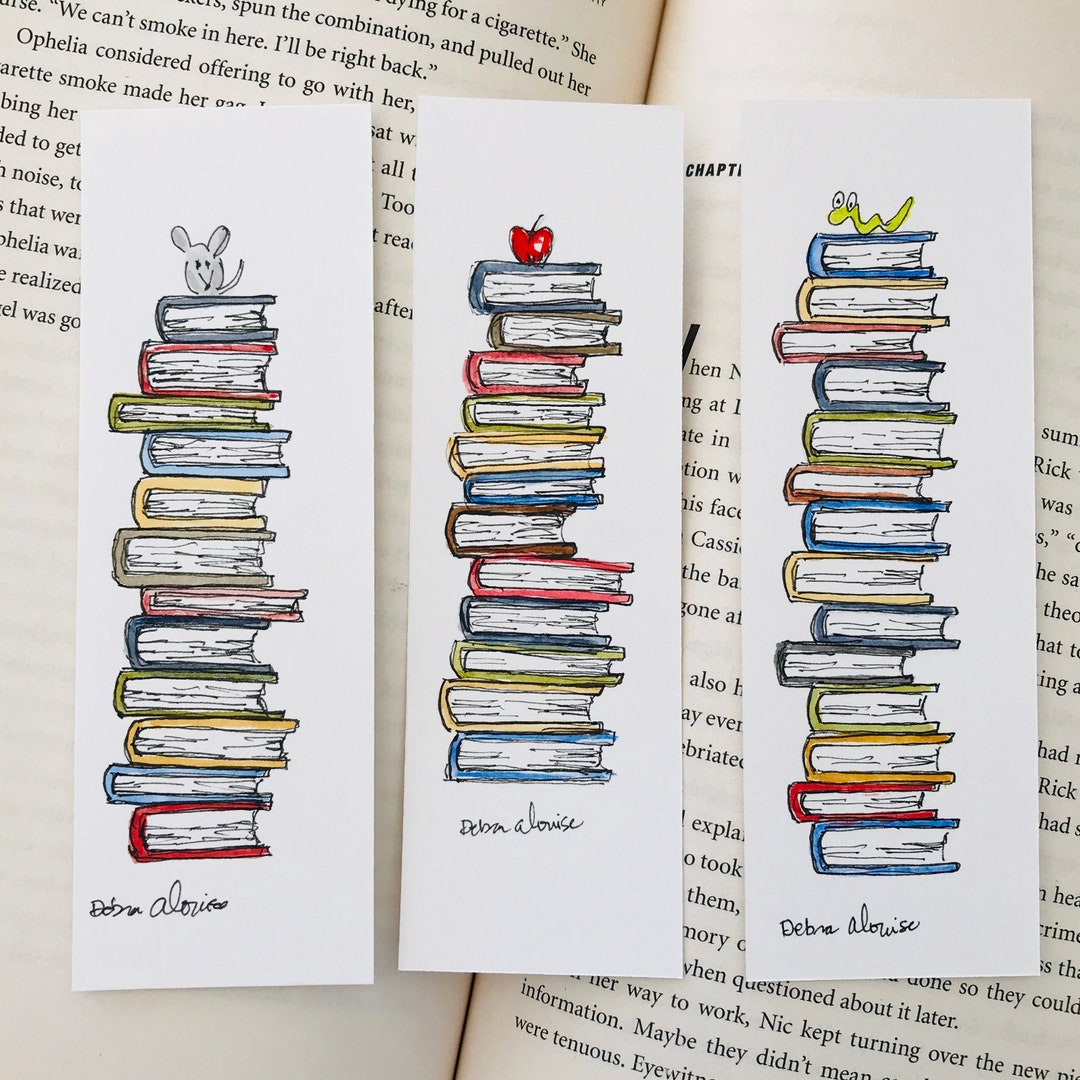 Bookmark Stack of Books Choose Mouse Bookworm Apple Watercolor Art ...