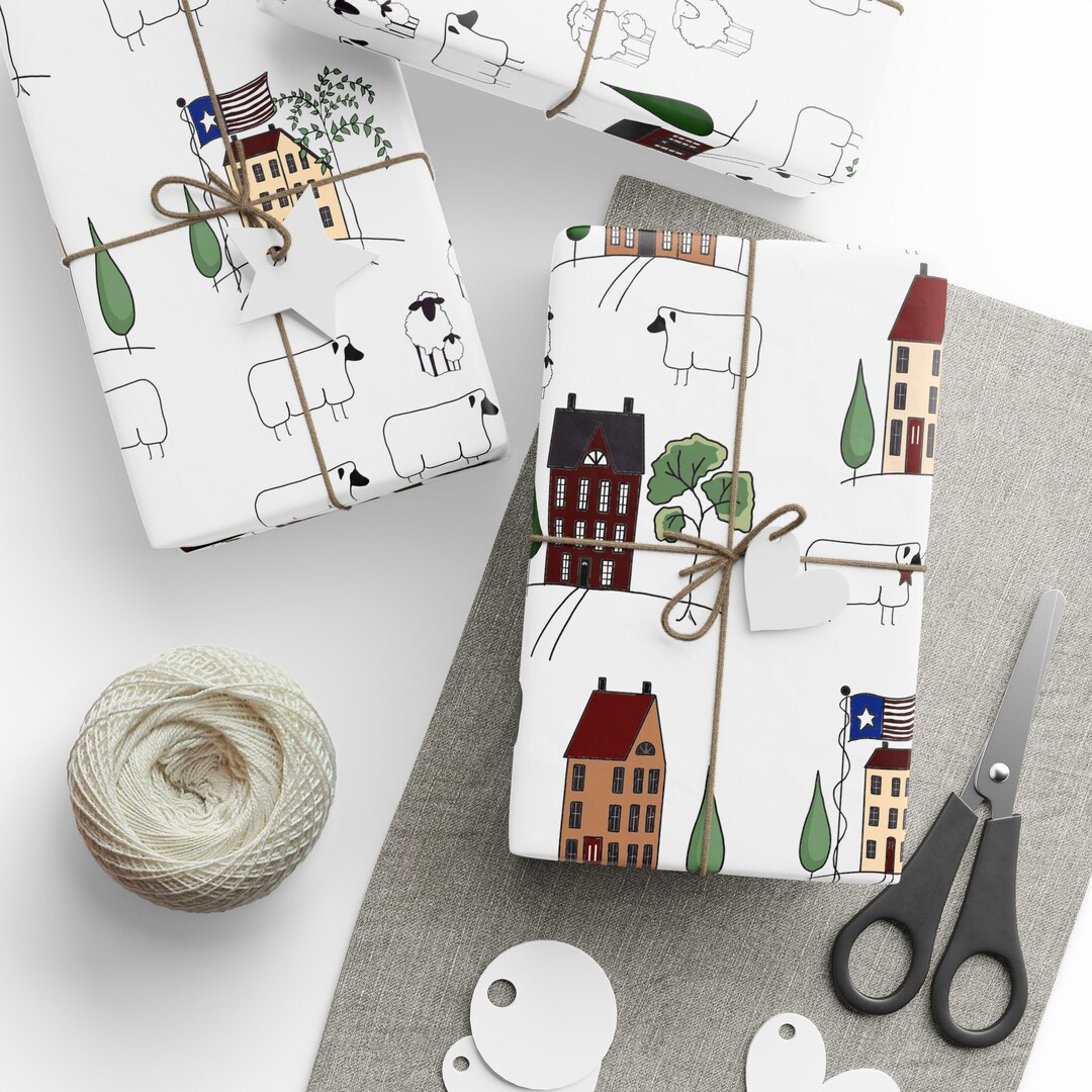 A New Neighbors Primitive Folk Art Sheep Lovers Wrapping Paper ...