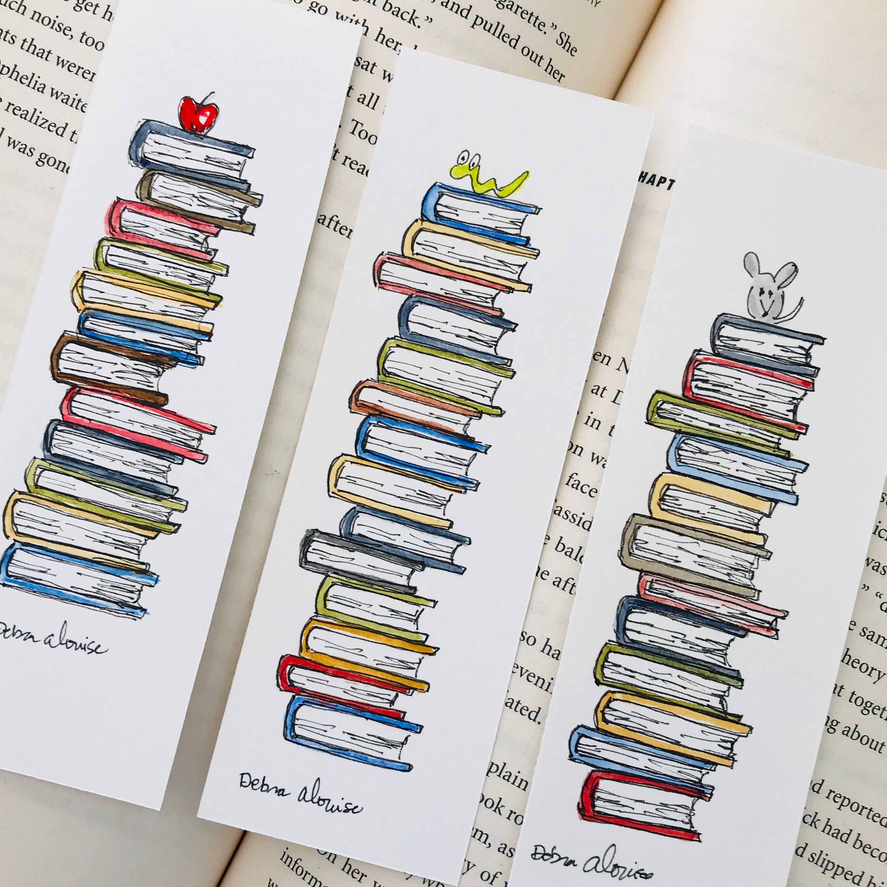 Bookmark Stack of Books Choose Mouse Bookworm Apple Watercolor Art ...