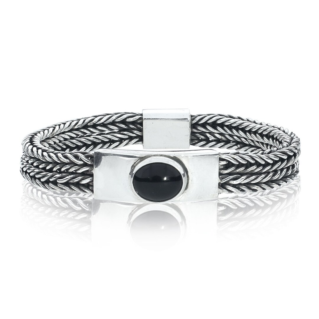 Sterling Silver Double Foxtail Black Onxy Bracelet - Etsy