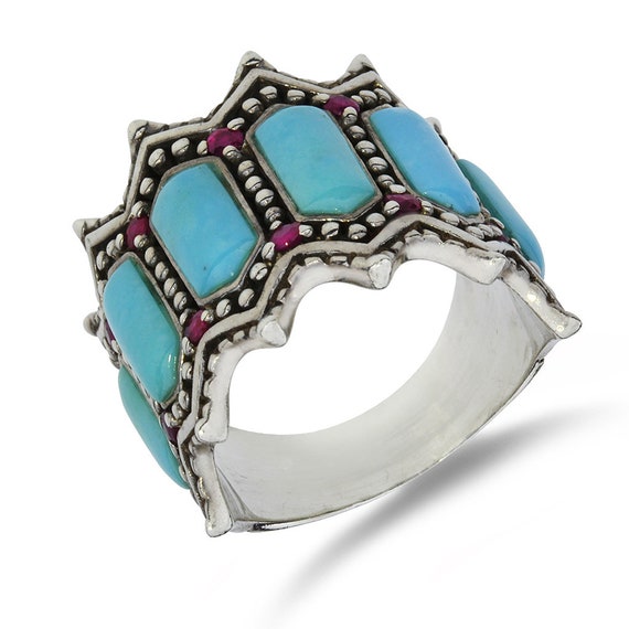 Silver Turquoise & Ruby Ring - Gem