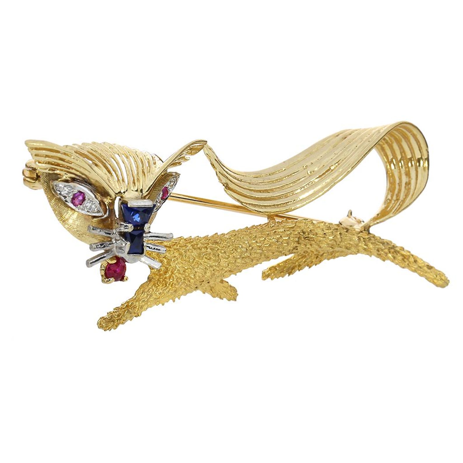 Vintage 14K Yellow Gold Fox Brooch With Diamond and Gemstone Accents - Etsy