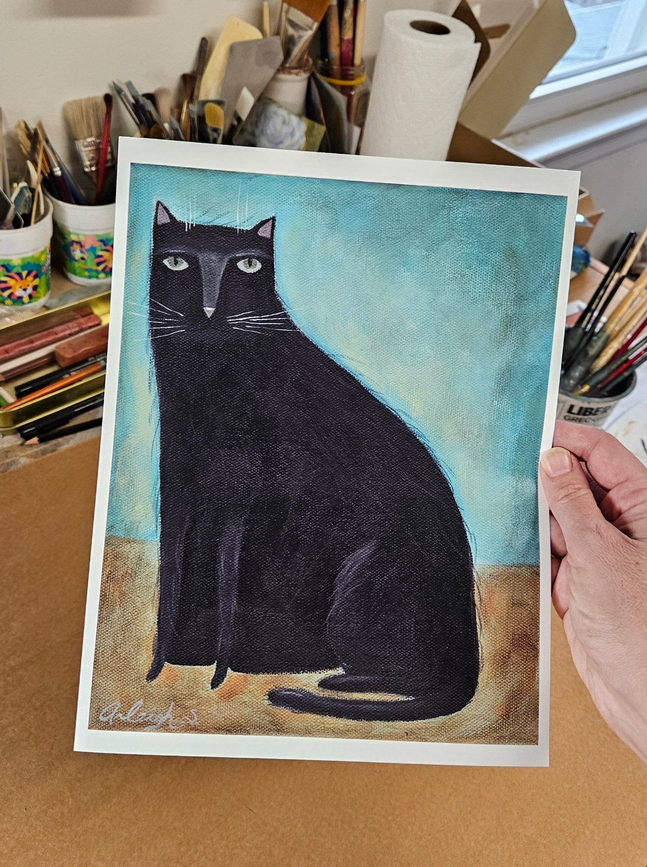 Primitive Black Cat Art Print, Longhaired and Fluffy Cat, Rustic Home ...