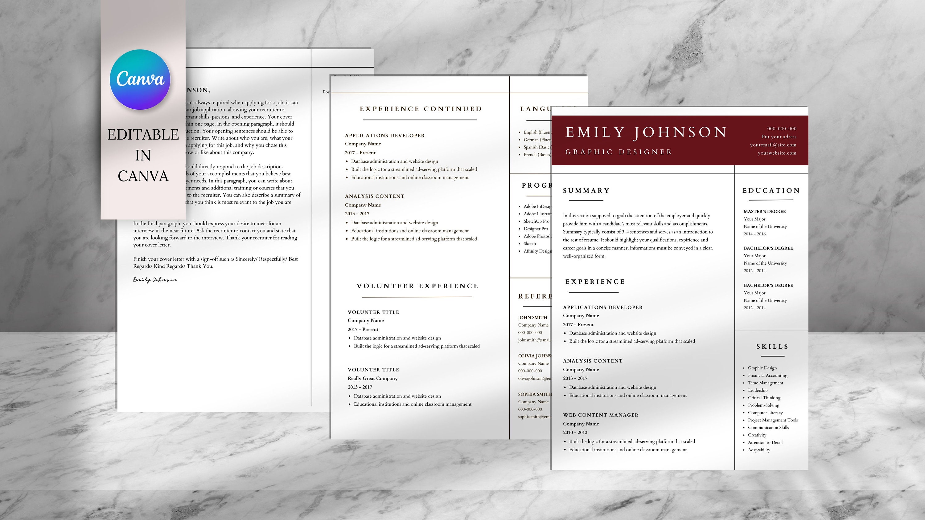 Red Theme Resume Template Resume Canva Template CV Template Cover ...