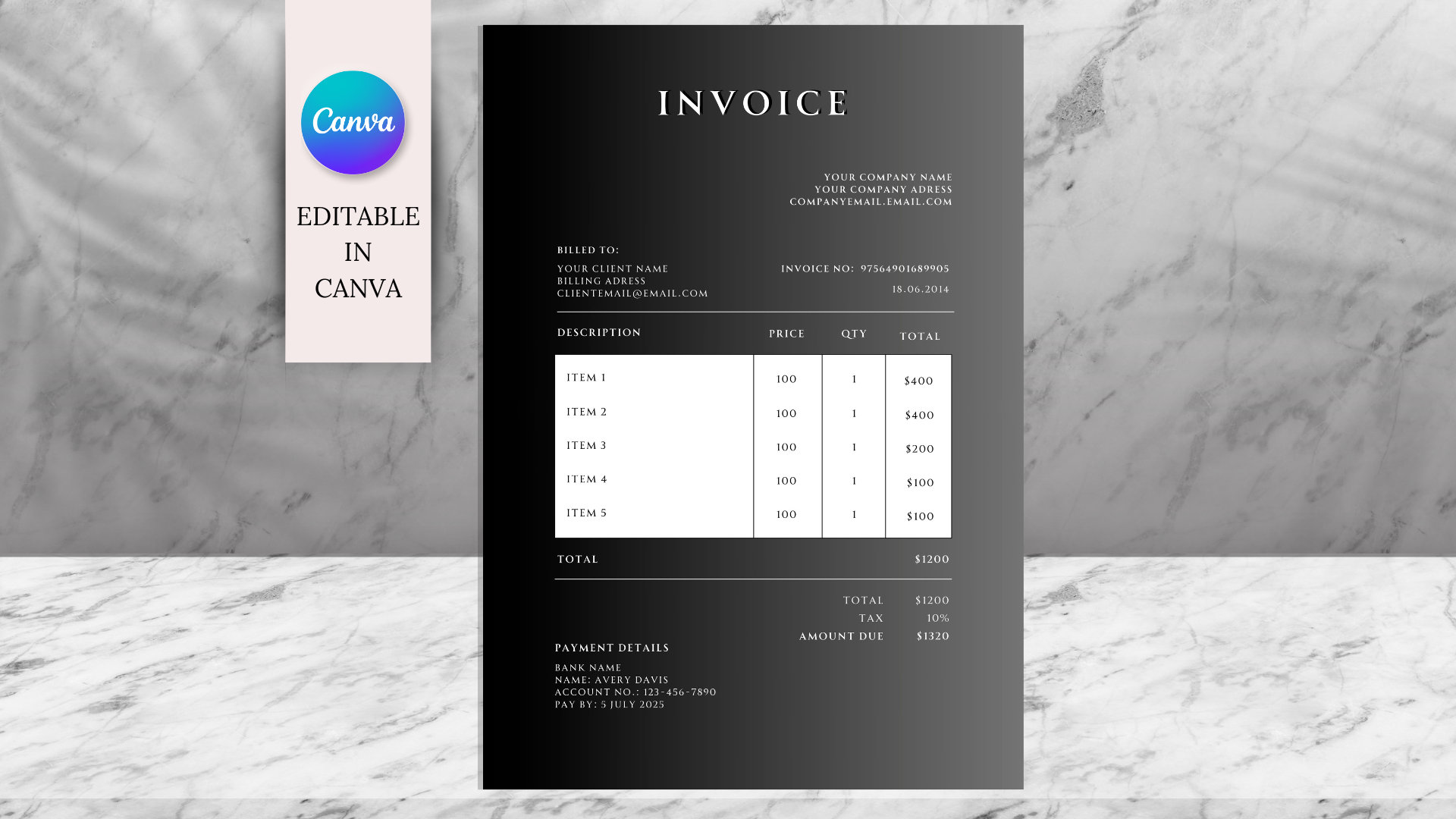 Invoice Template Classy Invoice Canva Template Professional Black ...