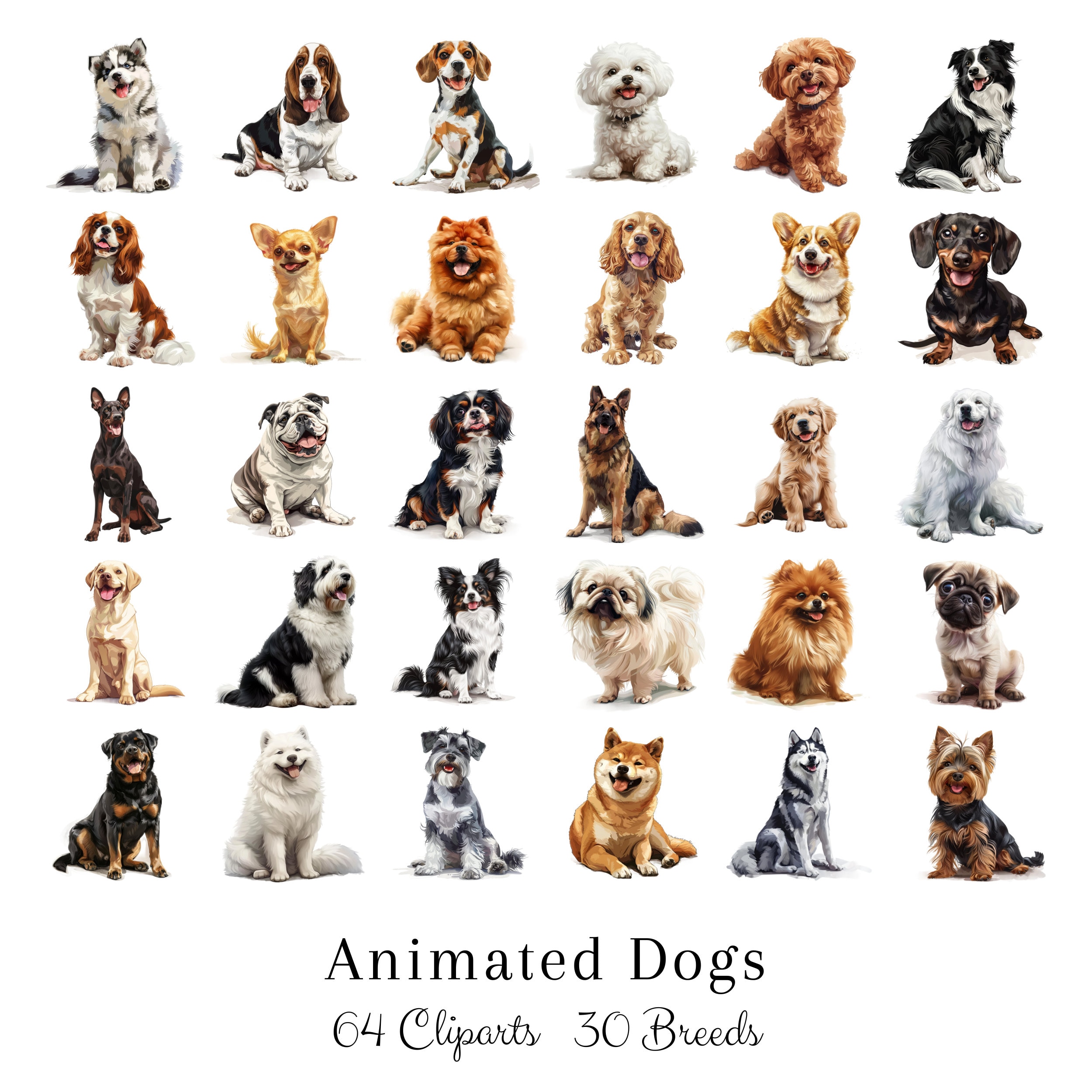 Dog Clipart Bundle, 64 Animated Dog Cliparts, DOG Breed Png Flies, DOG ...