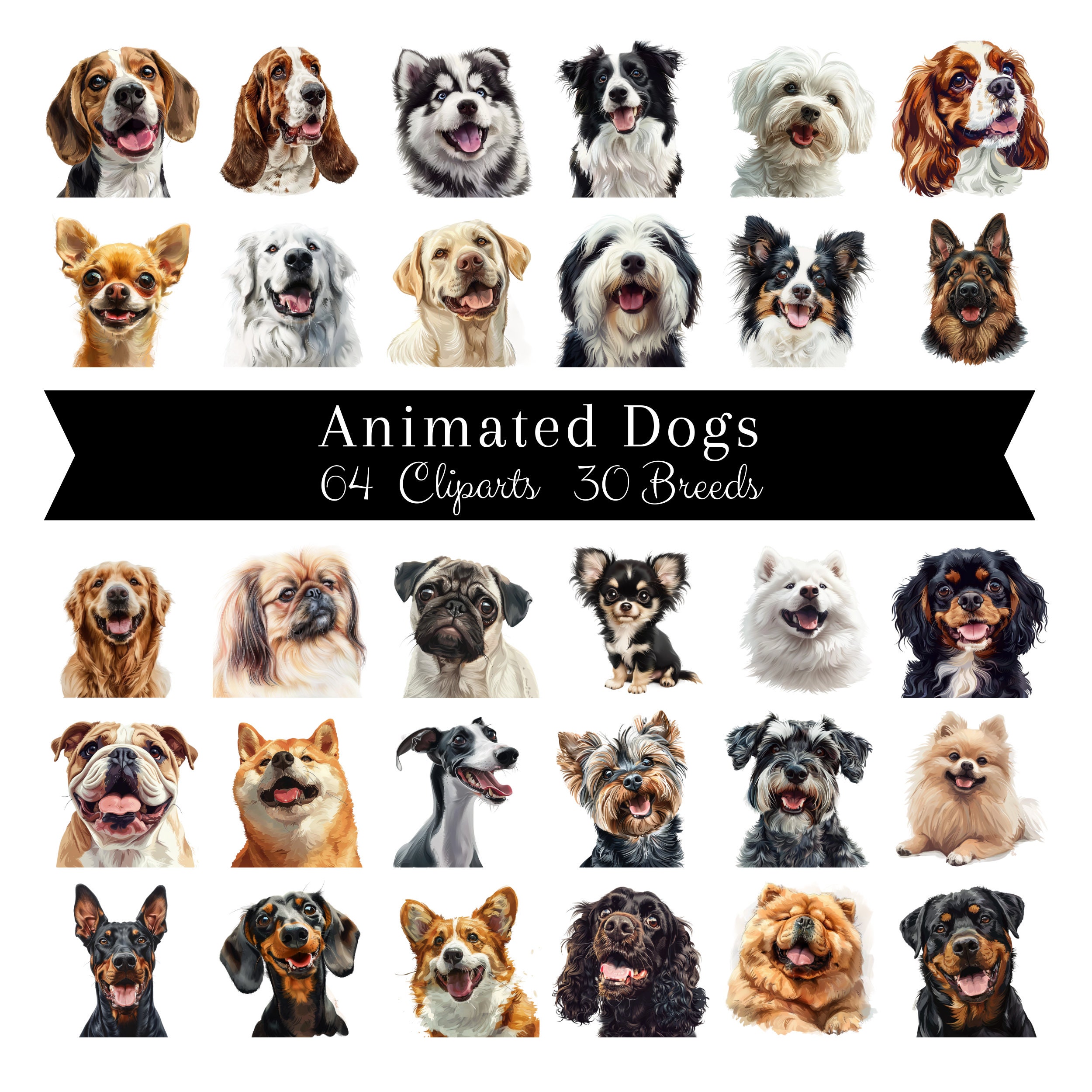 Dog Clipart Bundle, 64 Animated Dog Cliparts, DOG Breed Png Flies, DOG ...