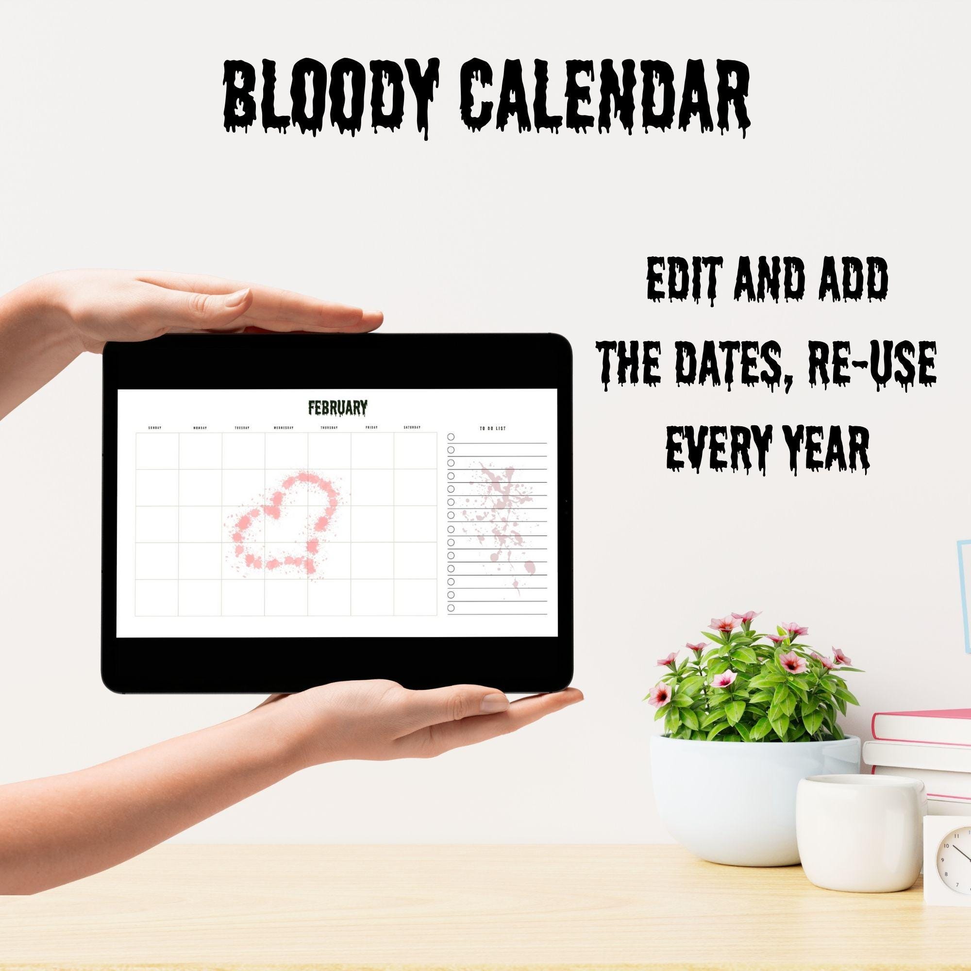 Blood Splatter Undated Calendar, Printable & Editable Digital Layout ...