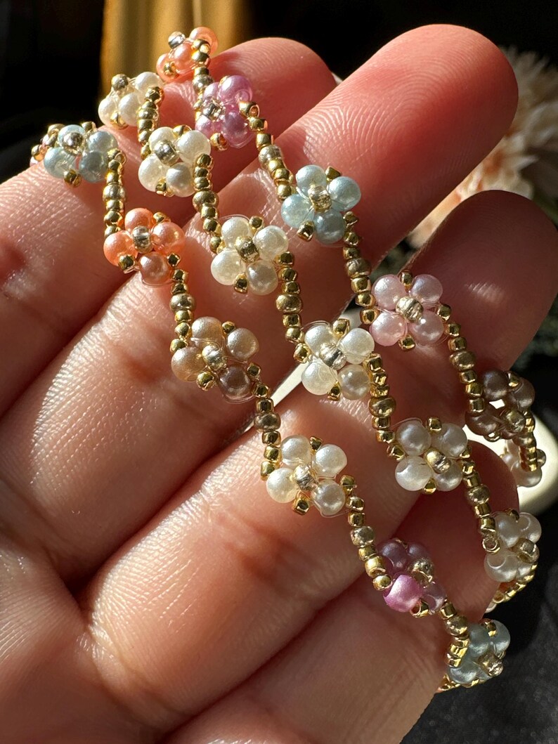 Handmade Pearl Beaded Flower Bracelet: Boho Floral Jewelry - Etsy