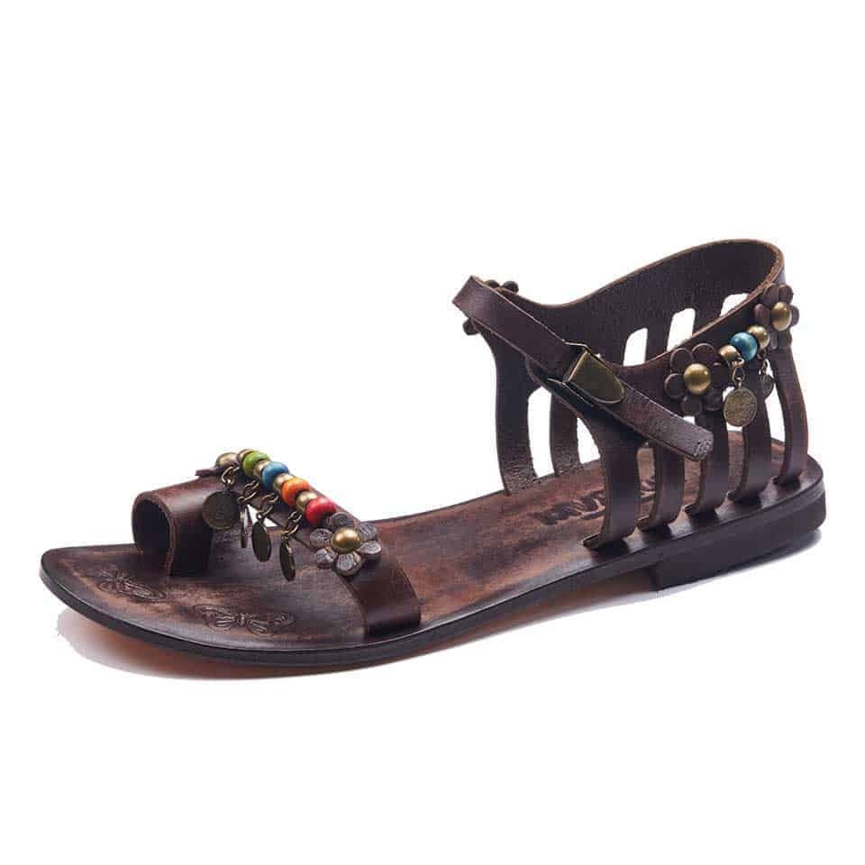 Leather Toe Loop Sandals for Womens With Beads, Womens Leather Sandals ...