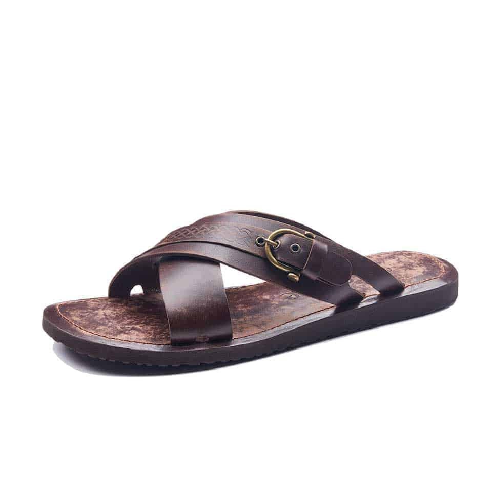 Mens Leather Slide Open Toe Buckle Sandals, Handmade Geniune Leather ...