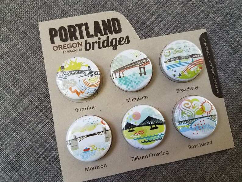 Portland Bridges II - One Inch - Super Strong Magnets or Pin Back ...