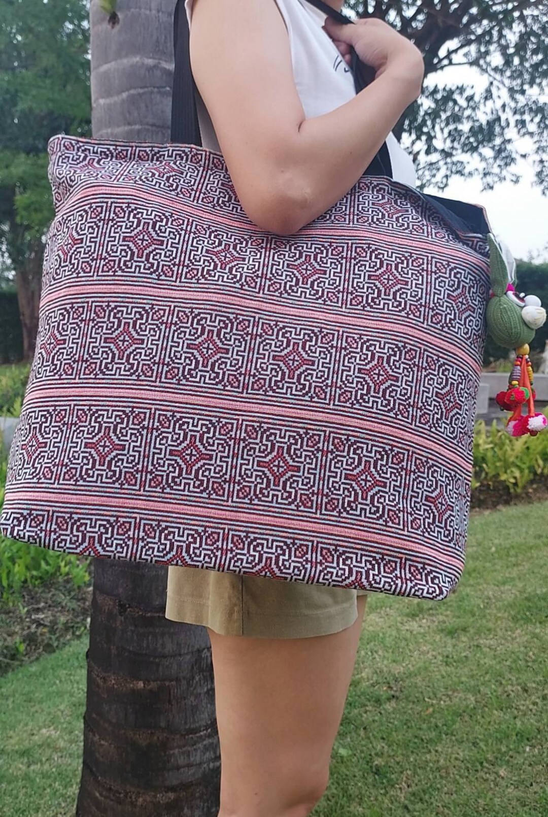 Large Woven Bag With Thai Pattern Rabbit Keychain - Etsy