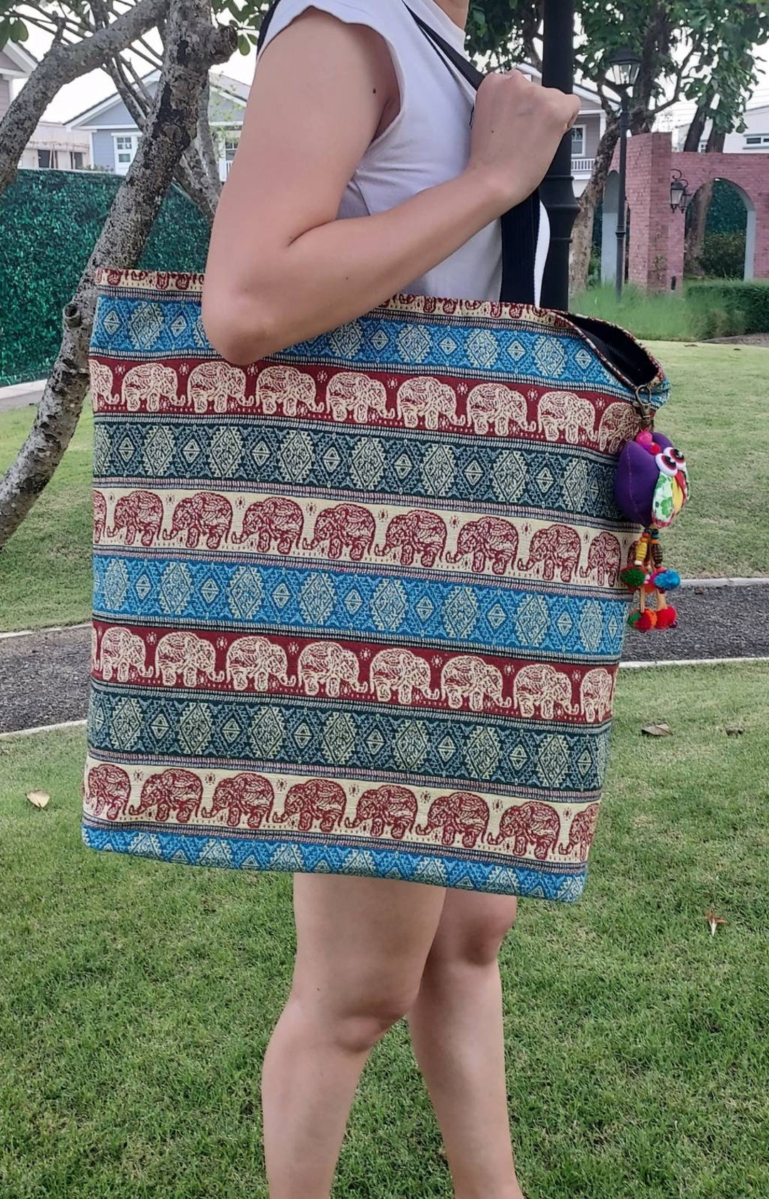 Large Woven Bag Elephant Pattern With Owl Keychain - Etsy