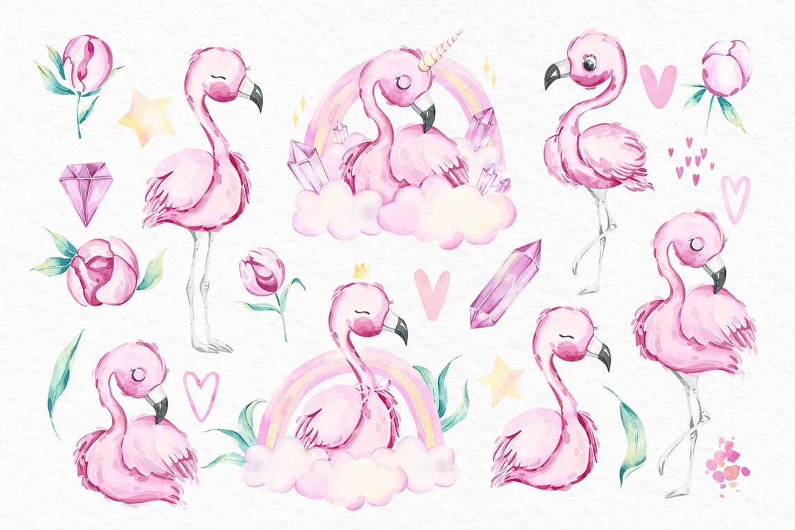 Watercolor Flamingo Clipart Set. Delicate Pink Baby Girl Cliparts. It's ...