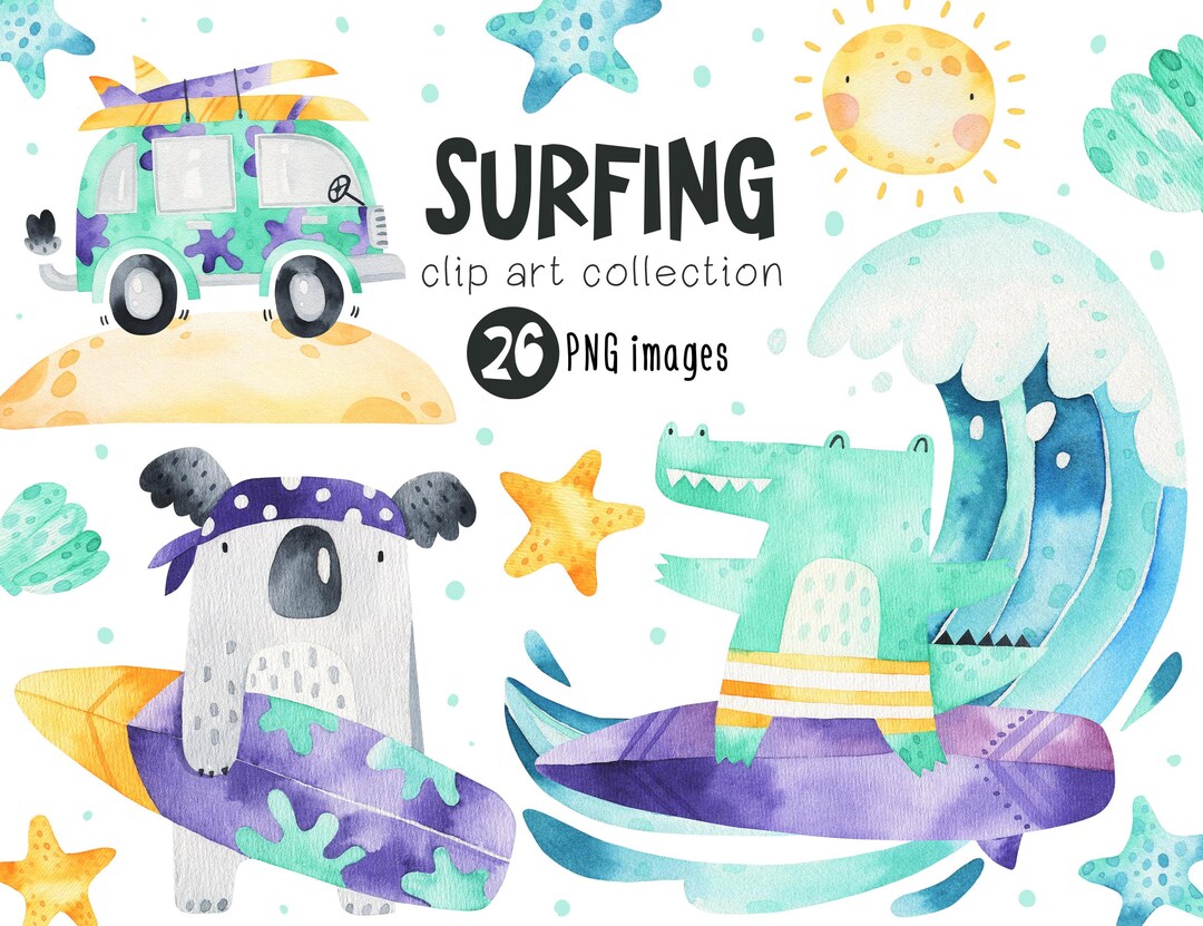 Surfing Watercolor Clipart Collection. Cute Animals Surfers. Surfer ...