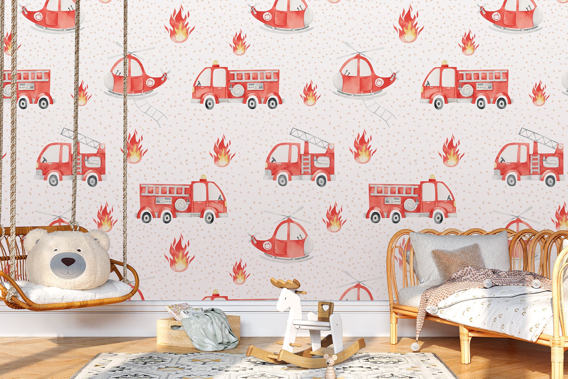 Firefighters Seamless Patterns Collection. Firetruck Illustration ...