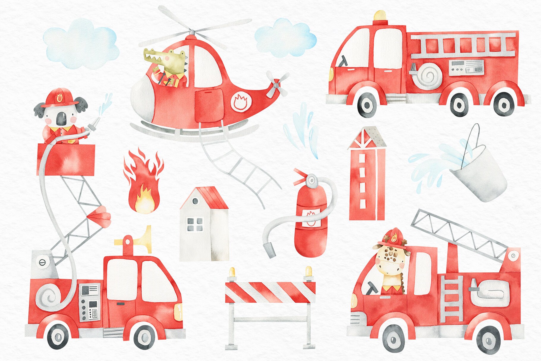 Firefighters Clipart Set. Watercolor Cute Animals, Firetrucks, Fire Man ...
