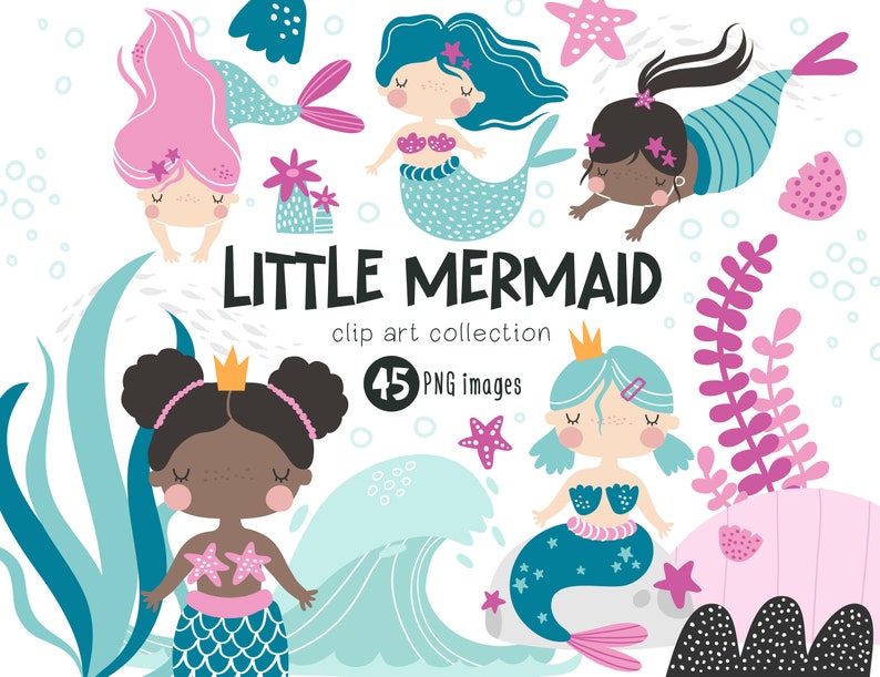 Little Mermaids: Set of PNG Cliparts With Princess Mermaids, Fishes ...