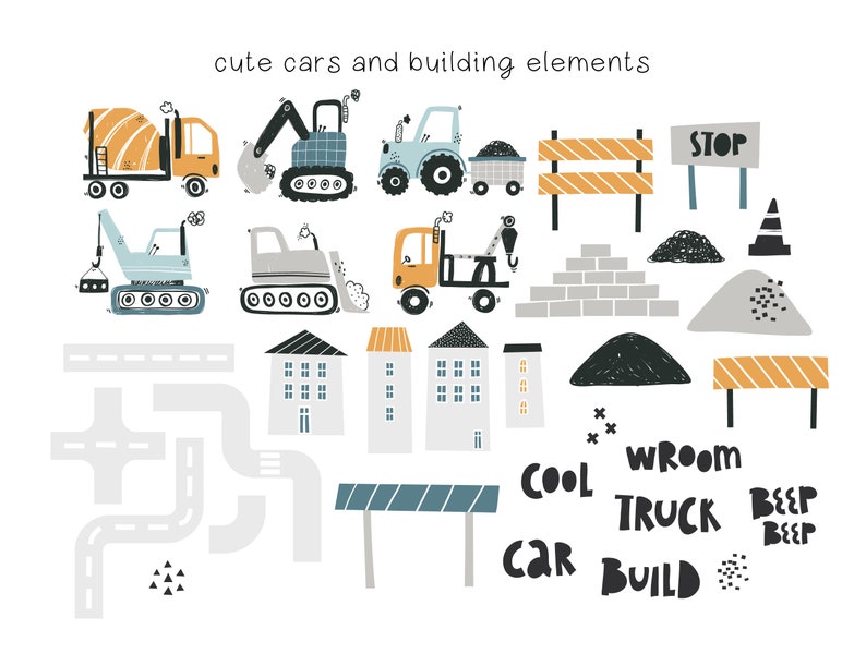 Construction Clipart Set: Cute Cars for Kids, Boy Nursery, Trucks ...