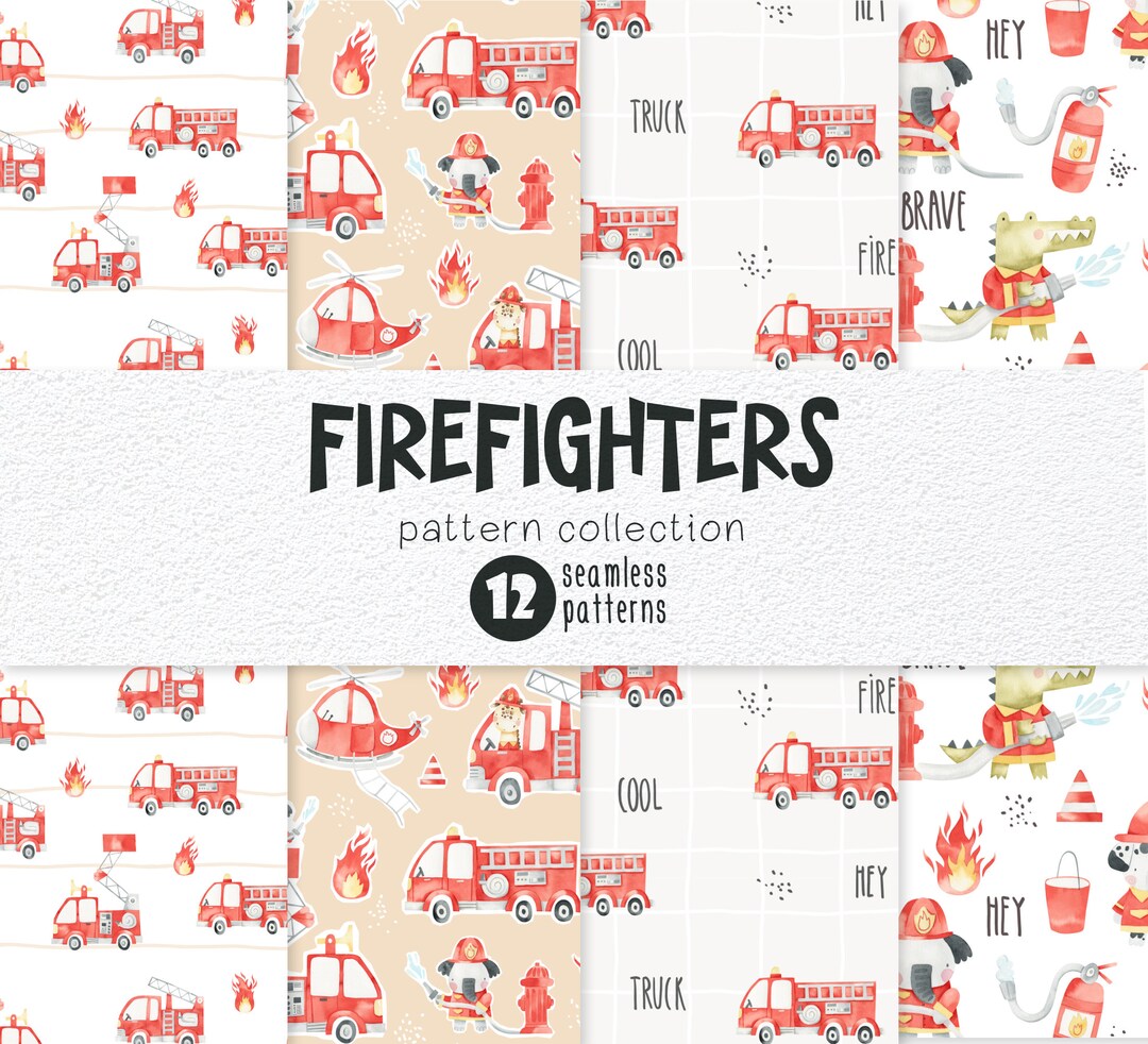 Firefighters Seamless Patterns Collection. Firetruck Illustration ...