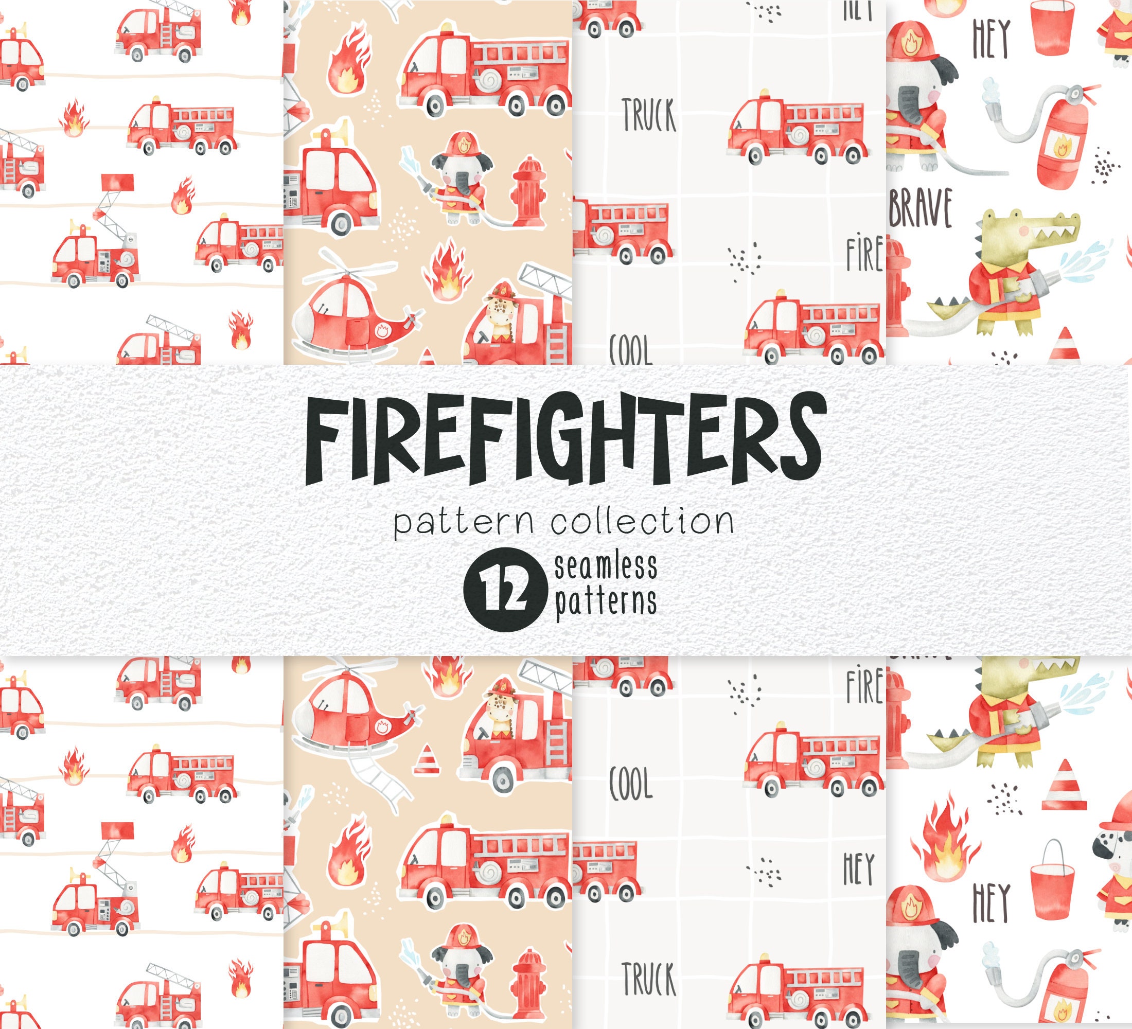 Firefighters Seamless Patterns Collection. Firetruck Illustration ...