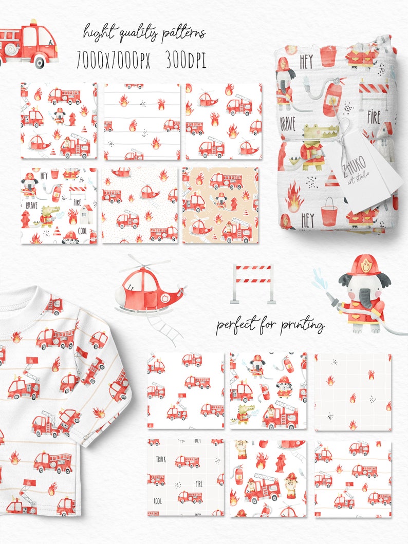 Firefighters Seamless Patterns Collection. Firetruck Illustration ...