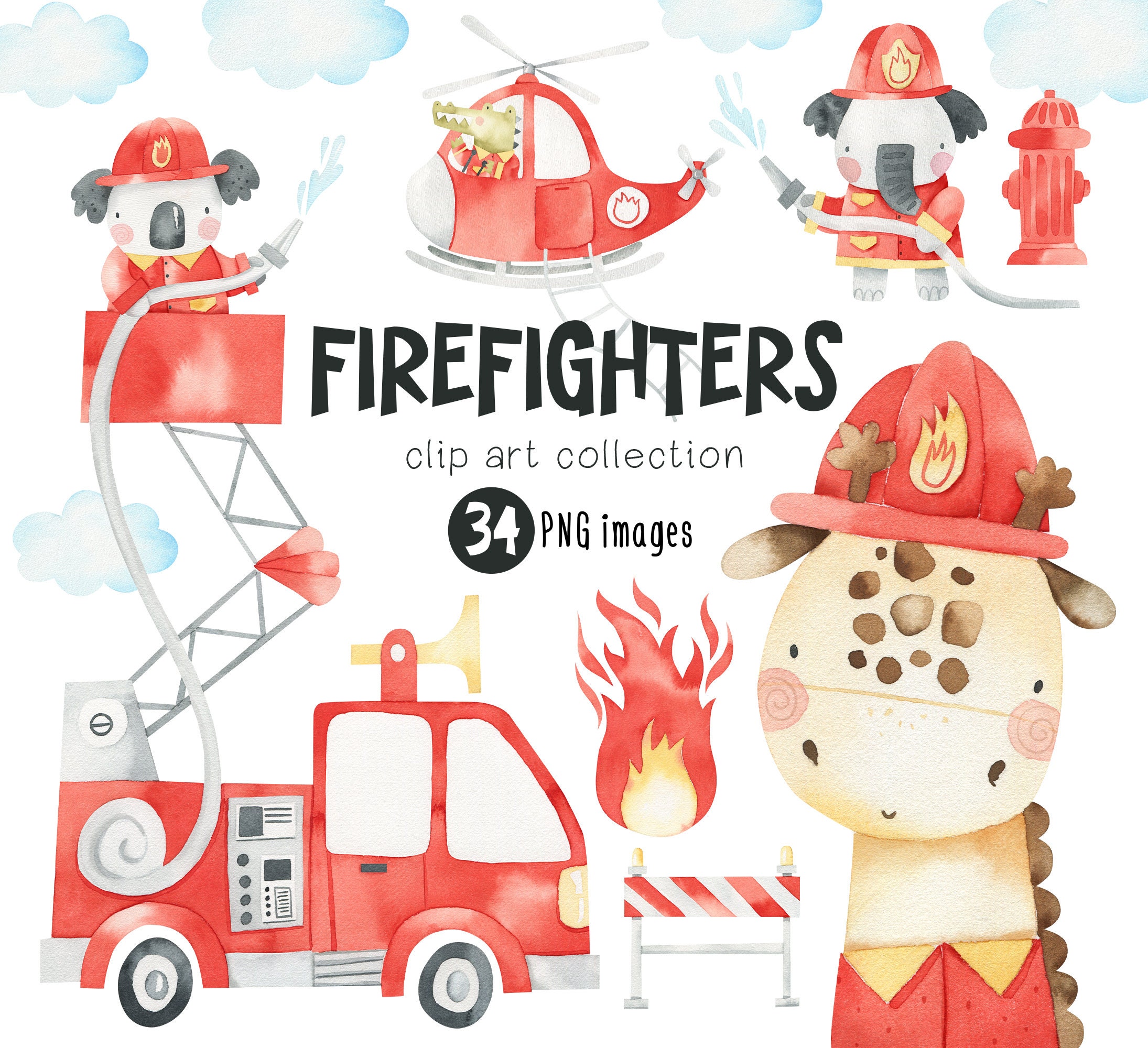 Firefighters Clipart Set. Watercolor Cute Animals, Firetrucks, Fire Man ...