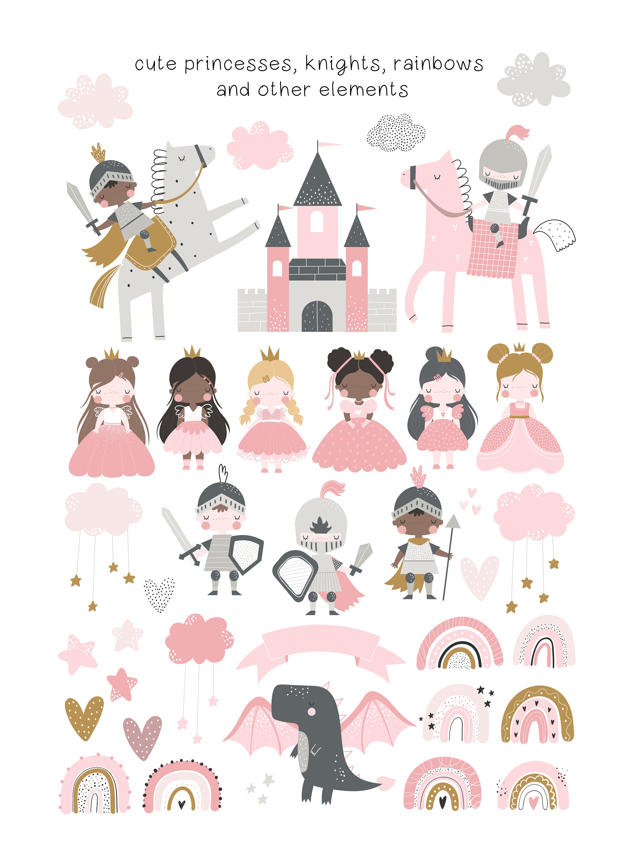 Little Princess Clipart Set. Cute Knights. Dragon and the Princess ...
