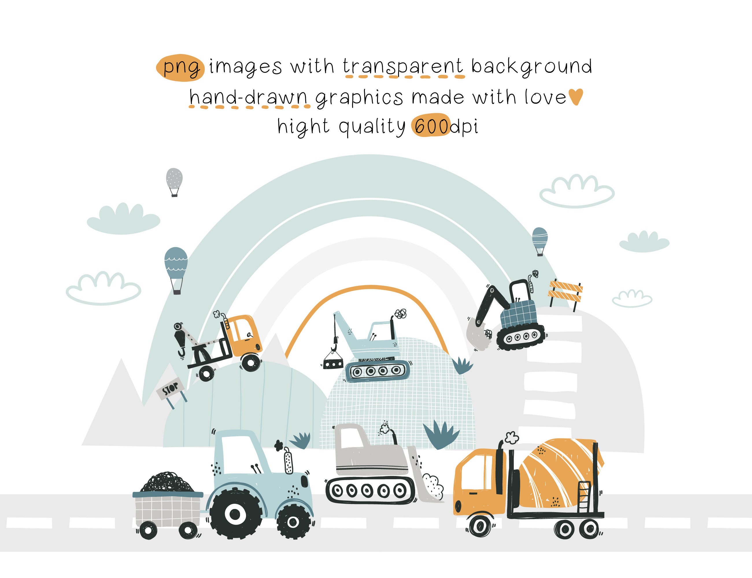 Construction Clipart Set: Cute Cars for Kids, Boy Nursery, Trucks ...