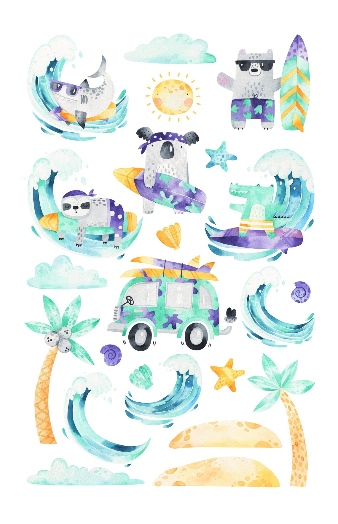 Surfing Watercolor Clipart Collection. Cute Animals Surfers. Surfer ...