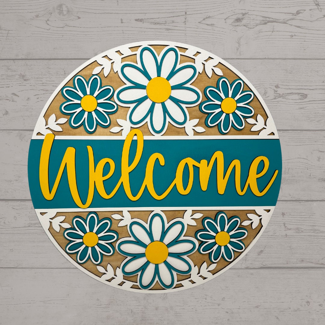 Round Welcome Sign, Round Door Hanger, Welcome Flower Pattern Sign ...