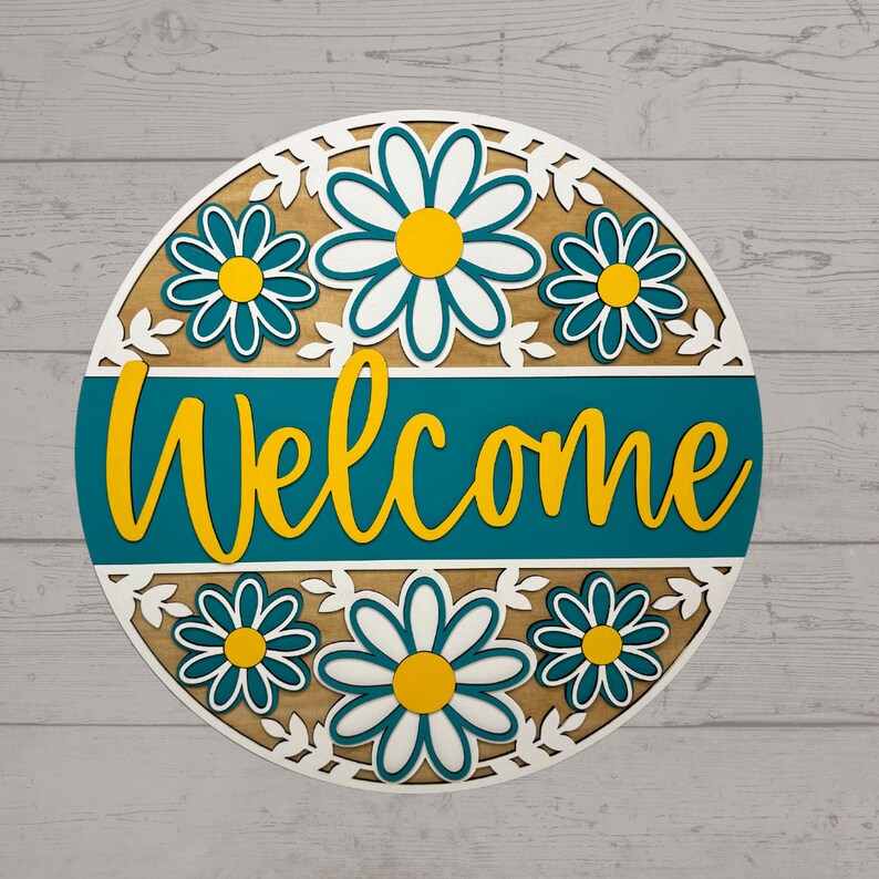 Round Welcome Sign, Round Door Hanger, Welcome Flower Pattern Sign ...