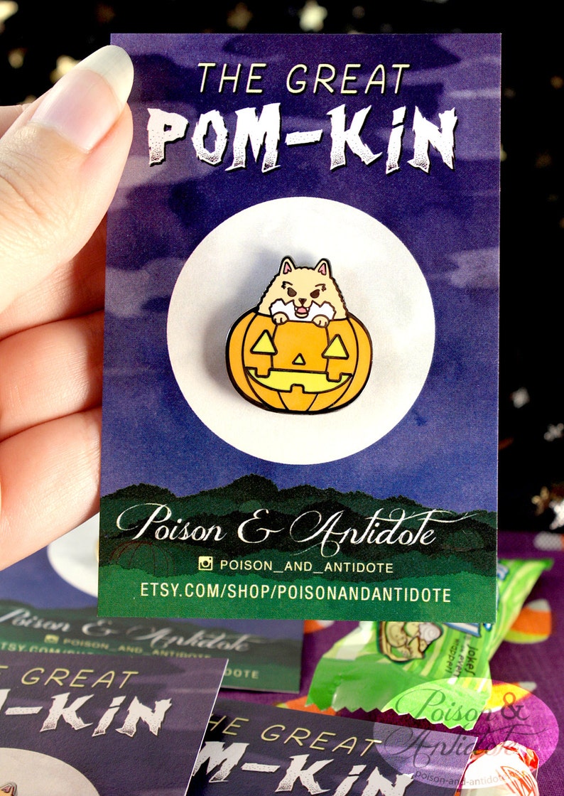 Great Pom-kin - 1-inch Hard Enamel Pin - Halloween Dog in Pumpkin ...