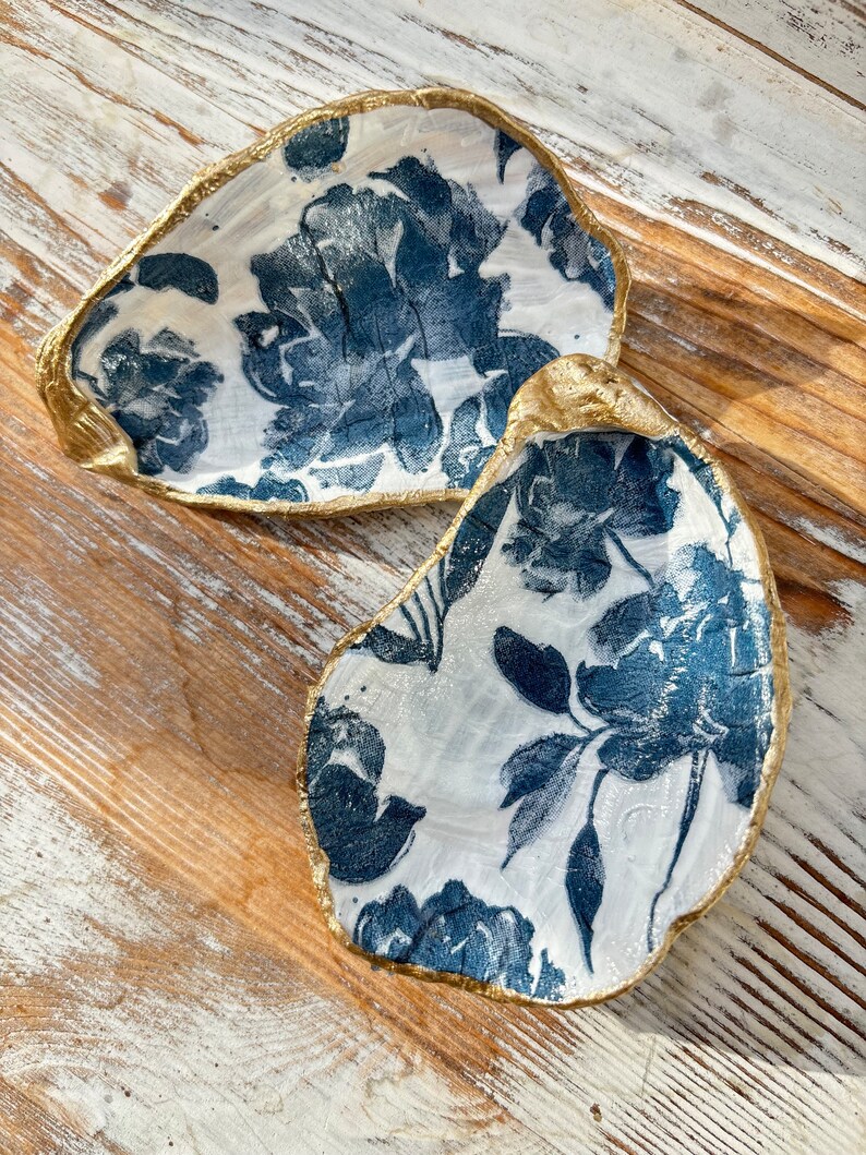 Navy Blue Floral Oyster Shell | Trinket/ring Dish | Jewelry Dish ...