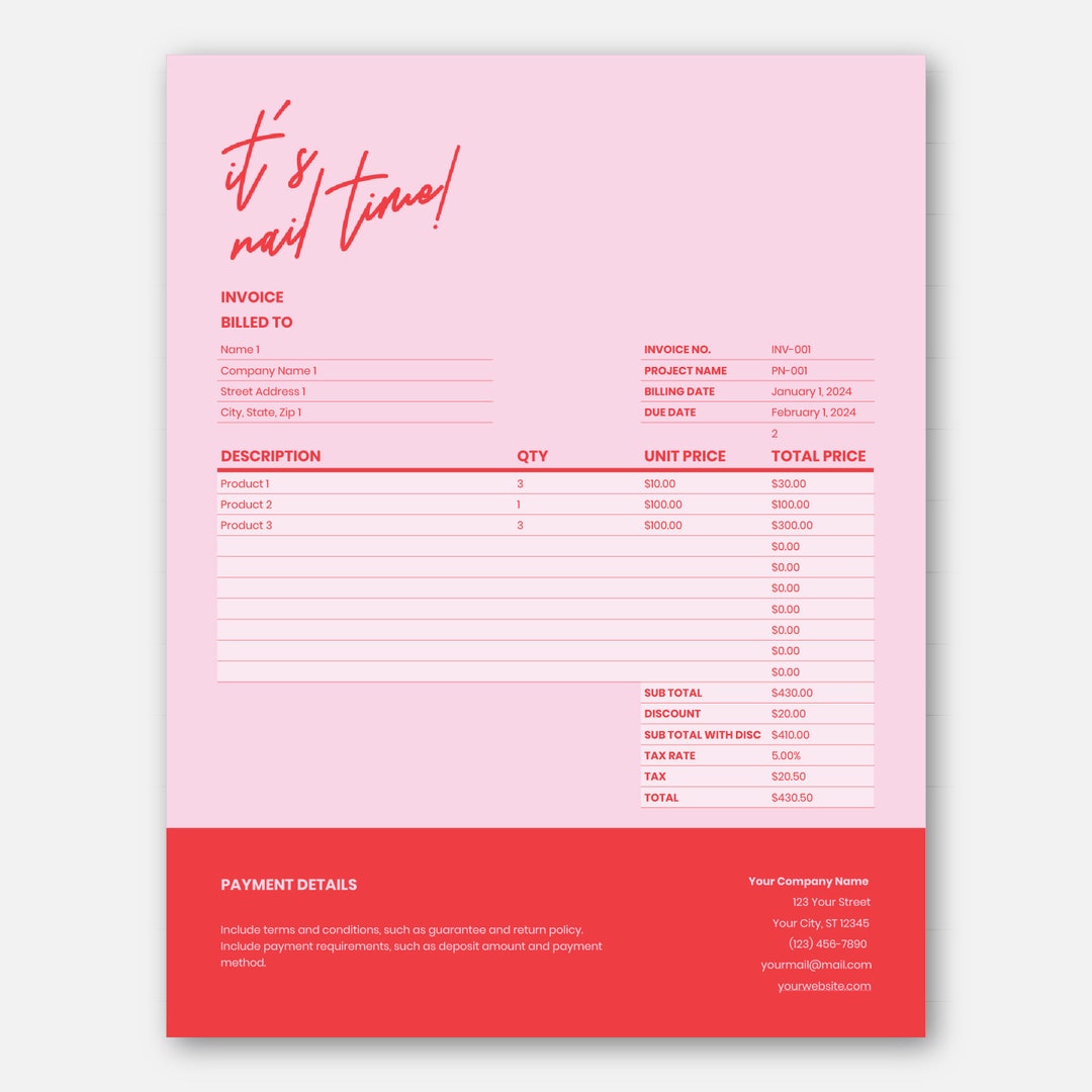 Nail Salon Invoice Template - Customizable With Google Sheets - Etsy