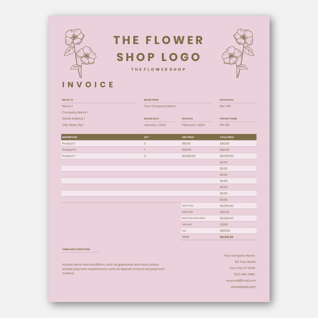 Flower Shop Invoice Template - Customizable With Google Sheets - Etsy