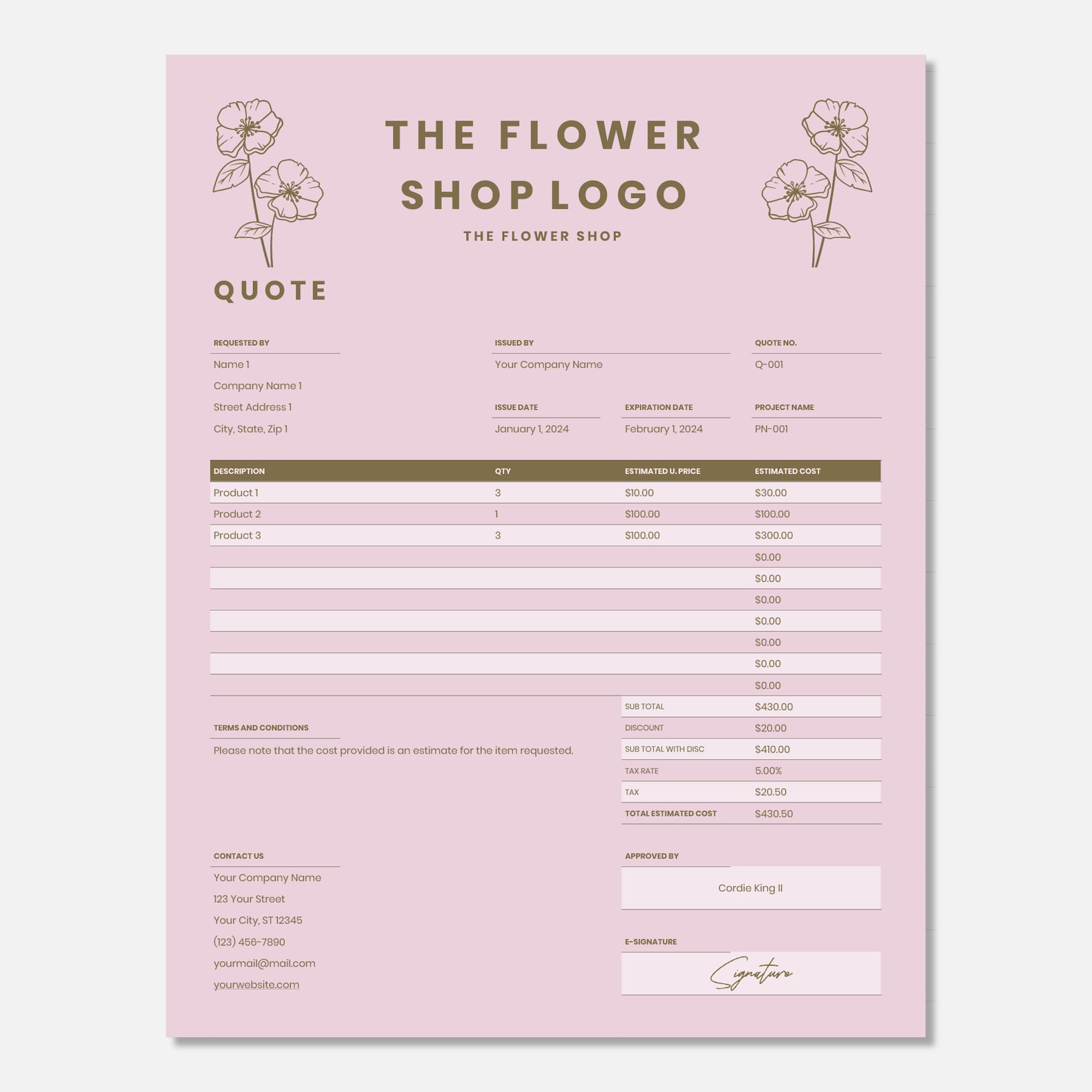 Flower Shop Price Quote Template, Florist Quotation Template ...