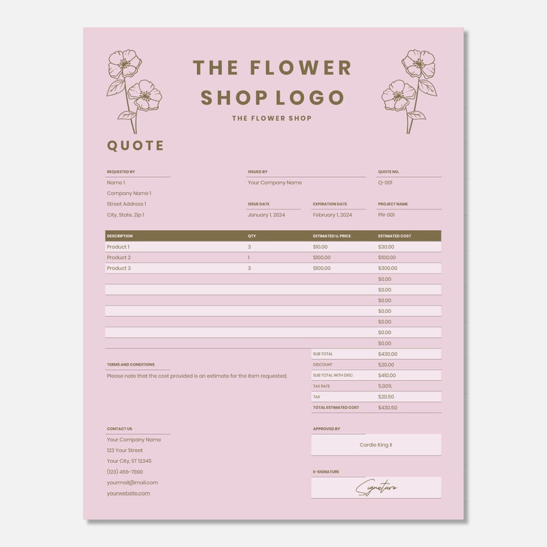 Flower Shop Price Quote Template, Florist Quotation Template ...