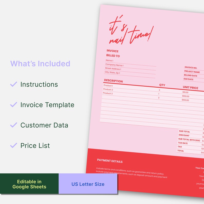 Nail Salon Invoice Template - Customizable With Google Sheets - Etsy