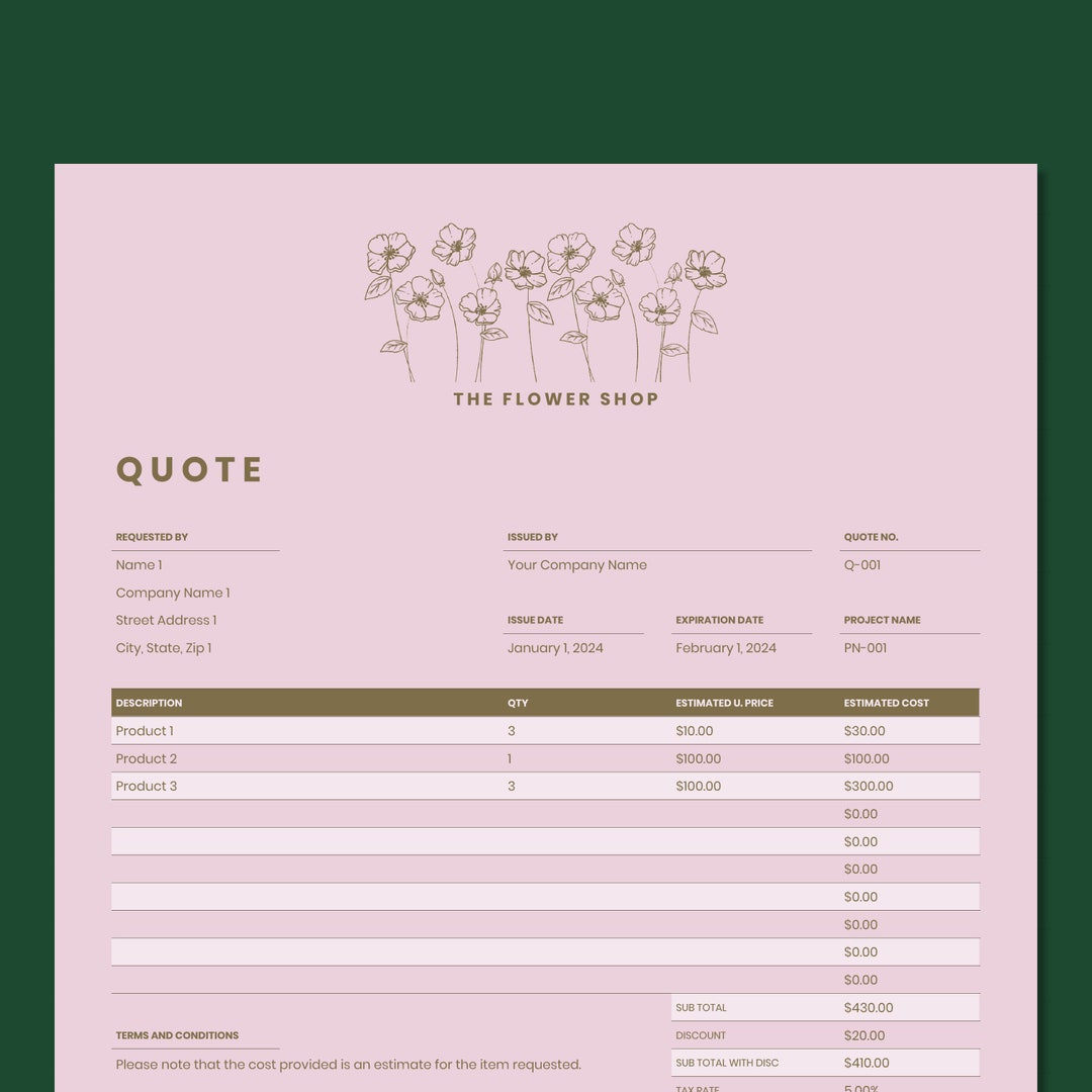Customizable Flower Shop Price Quote Template With Customer Tracker and ...