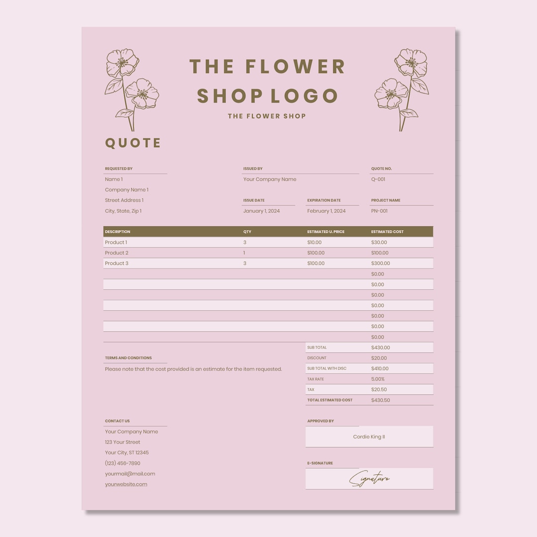 Flower Shop Price Quote Template With Customer Tracker and Price List ...
