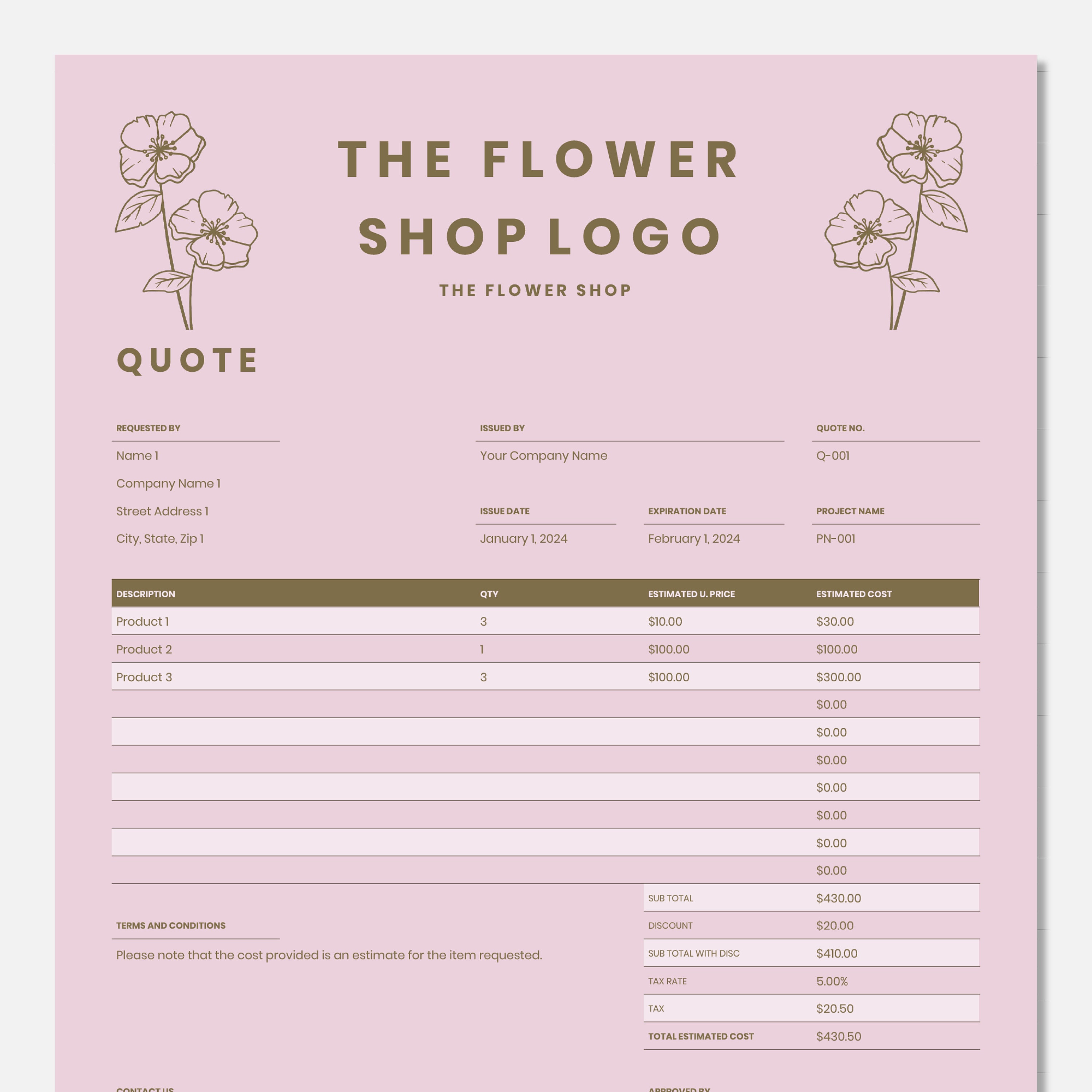 Flower Shop Price Quote Template, Florist Quotation Template ...
