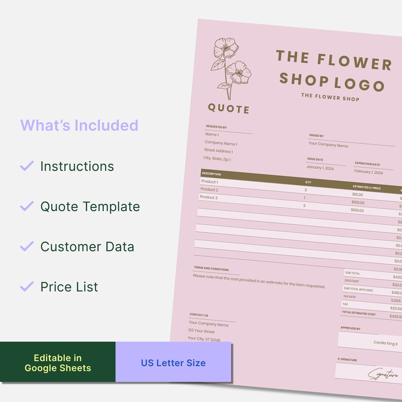 Flower Shop Price Quote Template, Florist Quotation Template ...