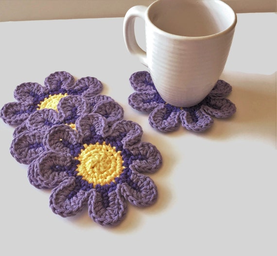 Purple Flower Crochet Coasters 100 Cotton Drink Coasters Crochet Mug Rugs Spring or Summer Decor Votive Candle Mats Etsy Canada