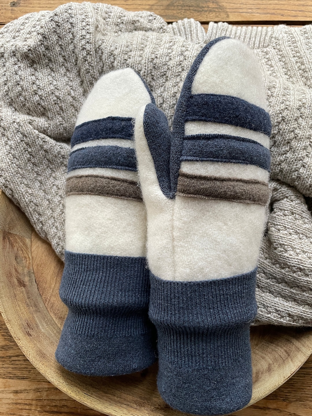 Felted Wool Mittens-blue Stripes-women-teens- - Etsy