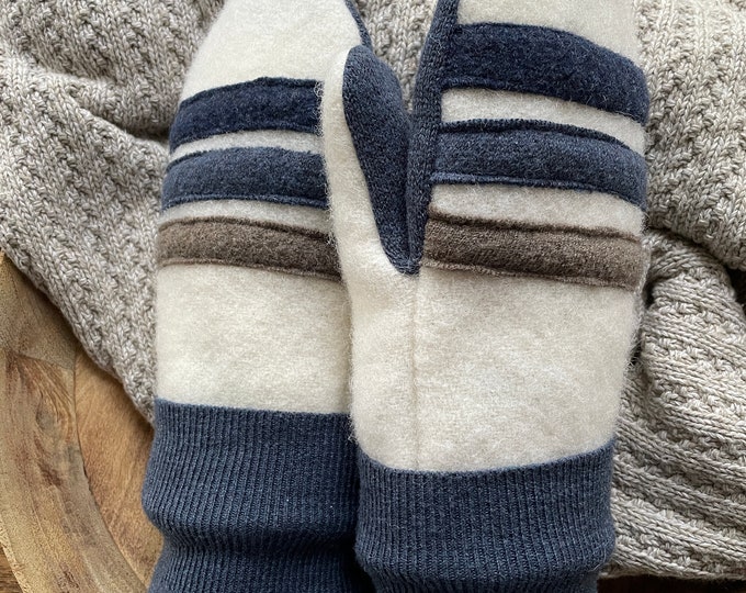 Felted Wool Mittens-blue Stripes-women-teens- - Etsy