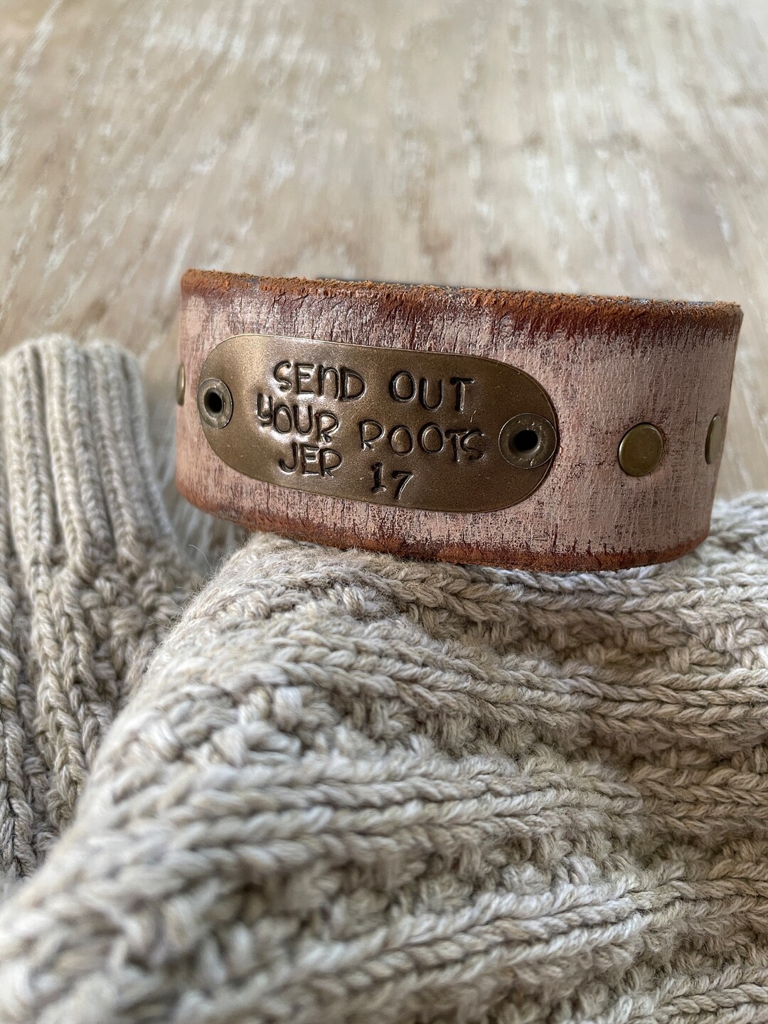 Leather Word Cuff-send Out Your Roots Jer 17--weathered Leather- -7 ...