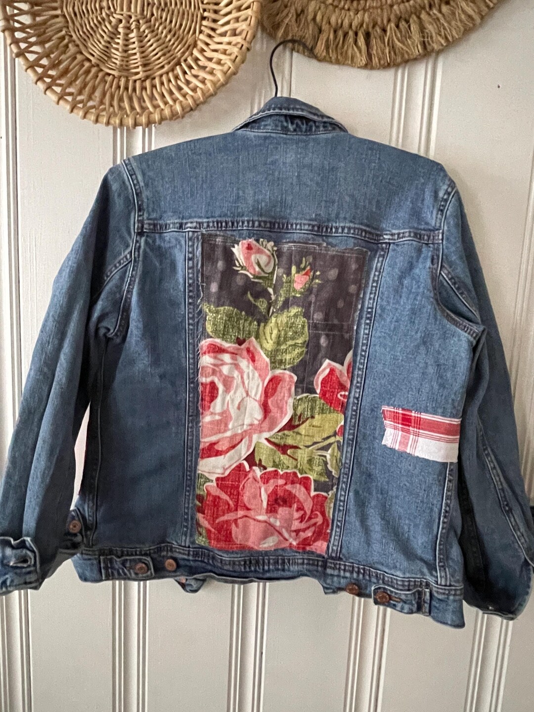 Remade Jean Jacket-remade Clothing-upcycled Fashion-medium-red and Pink ...