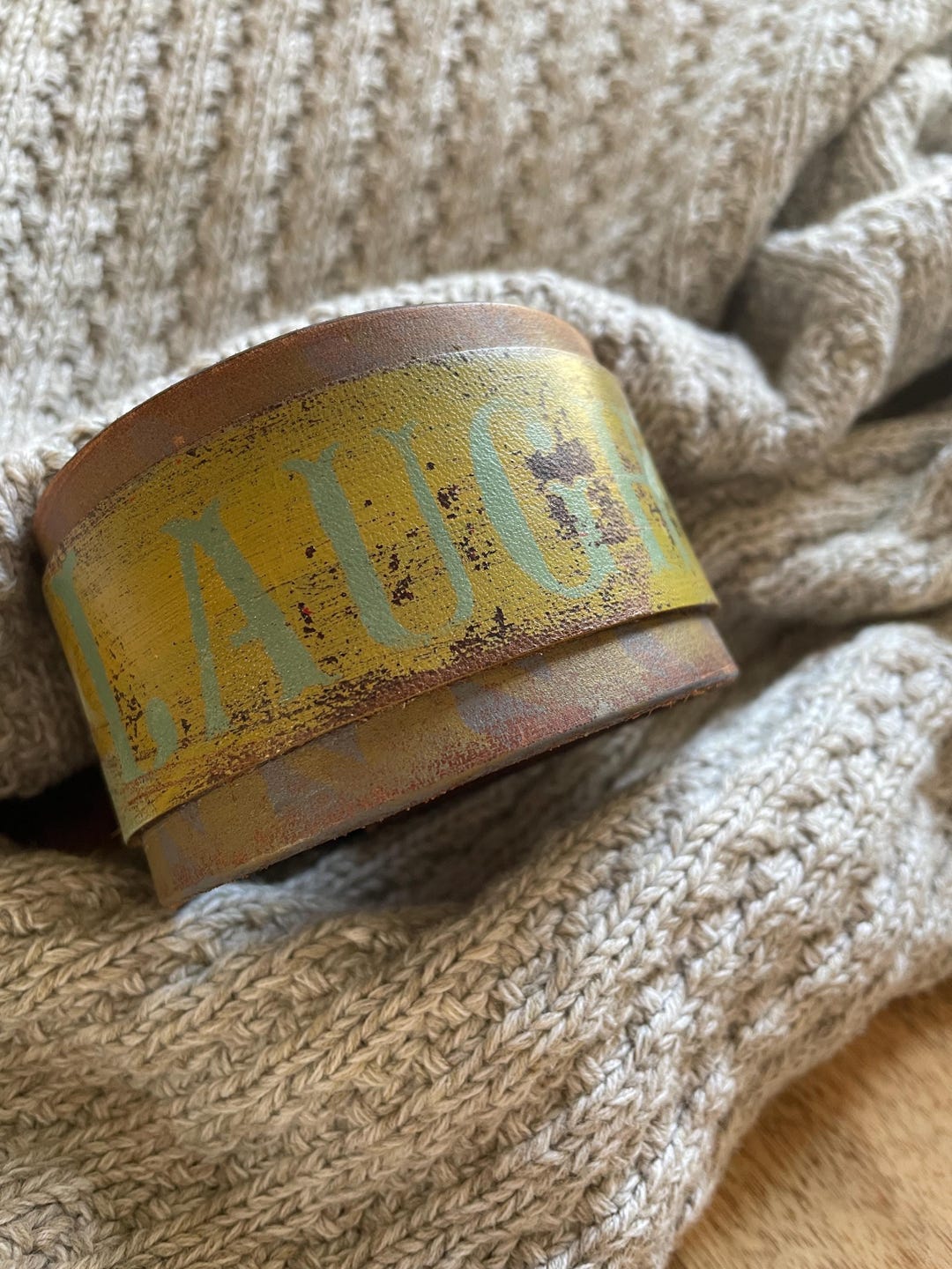 Leather Word Cuff-art Collection-wide Cuff-weathered Leather- Laugh-xxl ...